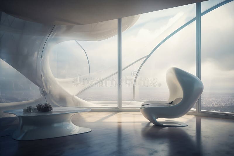 Futuristic White Interior Design with Large Windows Stock Illustration ...