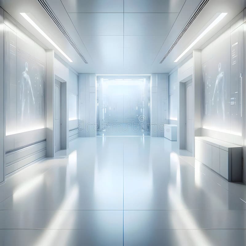 A Futuristic, White Interior with a Hallway, Doors, and Glowing Digital ...
