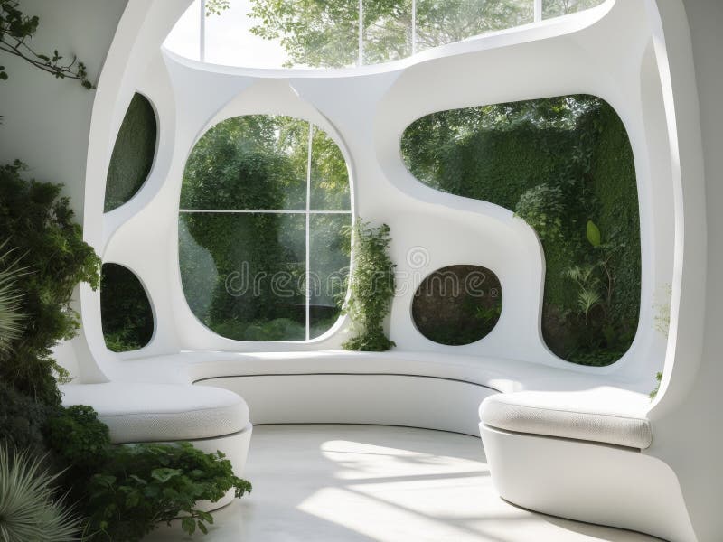 Futuristic White Interior with Lush Greenery, Minimalist Design and ...