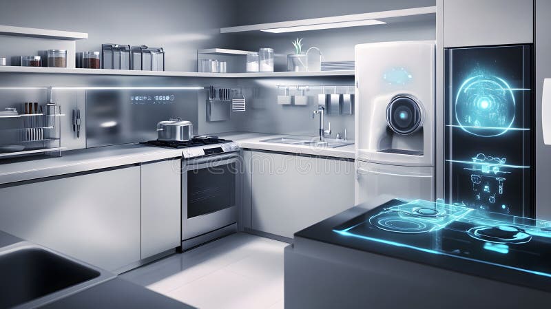 Futuristic White Kitchen with Holographic Interface Stock Illustration ...