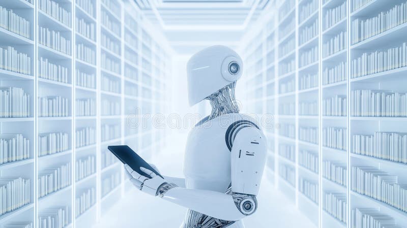 Futuristic White Library. Robotic Librarian Organizes Digital Archives ...