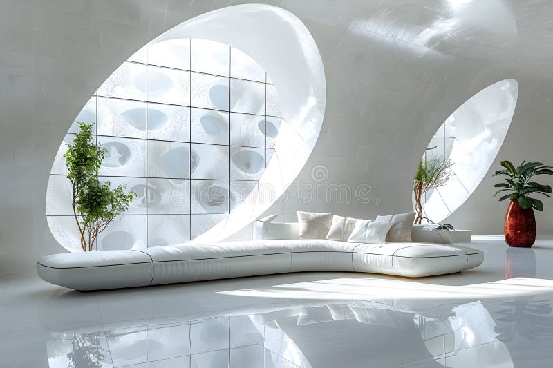 Futuristic White Living Room with Round Windows Stock Image - Image of ...