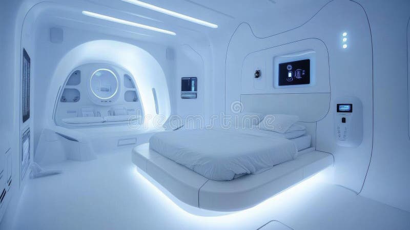 Futuristic White Minimalist Bedroom Interior Design with Glowing Lights ...