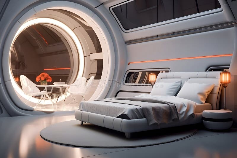 Futuristic White Moon Base Bedroom Interior, Neural Network Generated ...