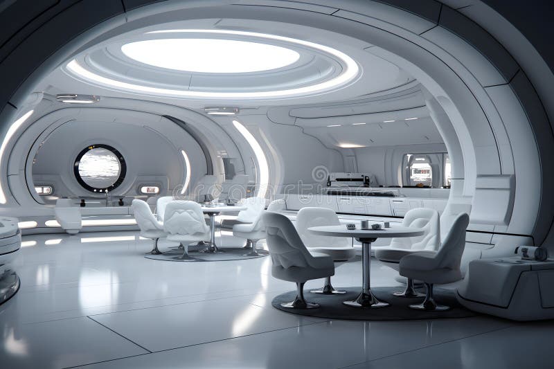 Futuristic White Moon Base Dining Room Interior, Neural Network ...
