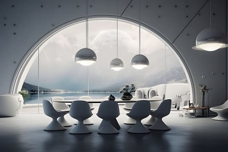 Futuristic White Moon Base Dining Room Interior, Neural Network ...