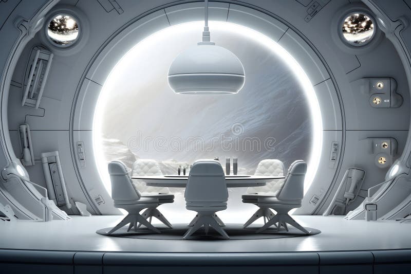 Futuristic White Moon Base Dining Room Interior, Neural Network ...