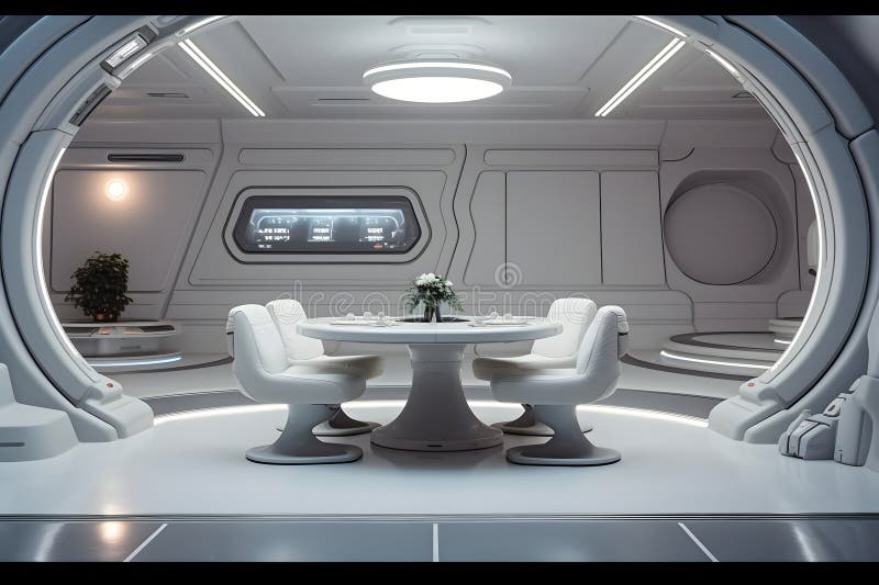 Futuristic White Moon Base Dining Room Interior, Neural Network ...