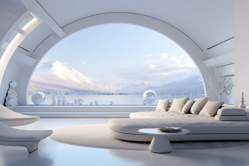Futuristic White Moon Base Living Room Interior, Neural Network ...