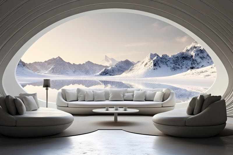 Futuristic White Moon Base Living Room Interior, Neural Network ...