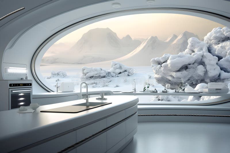 Futuristic White Moon Base Style Kitchen or Bar Interior, Neural ...