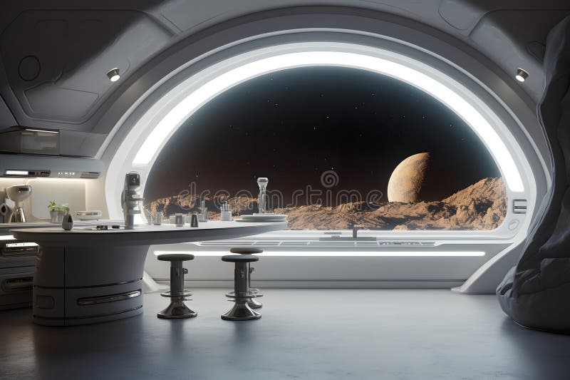 Futuristic White Moon Base Style Kitchen or Bar Interior, Neural ...