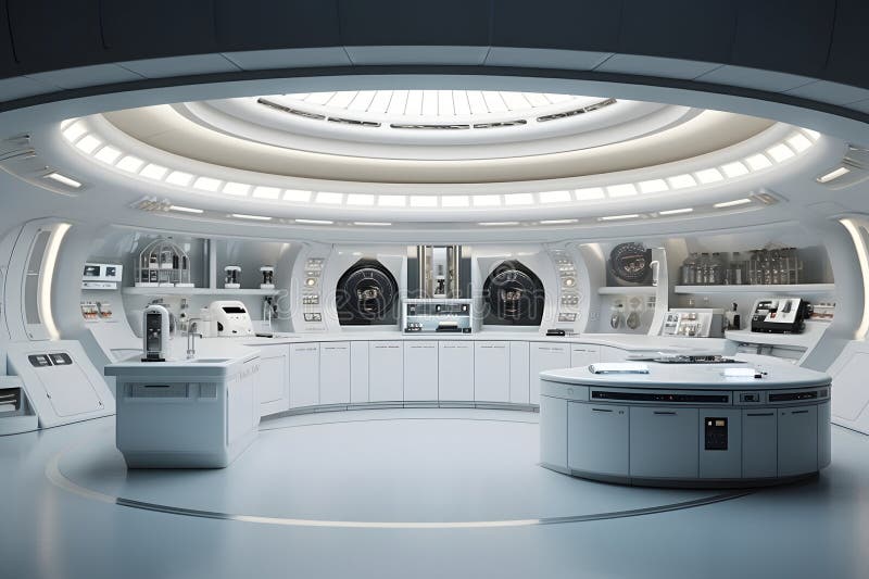 Futuristic White Moon Base Style Kitchen or Laboratory Interior, Neural ...