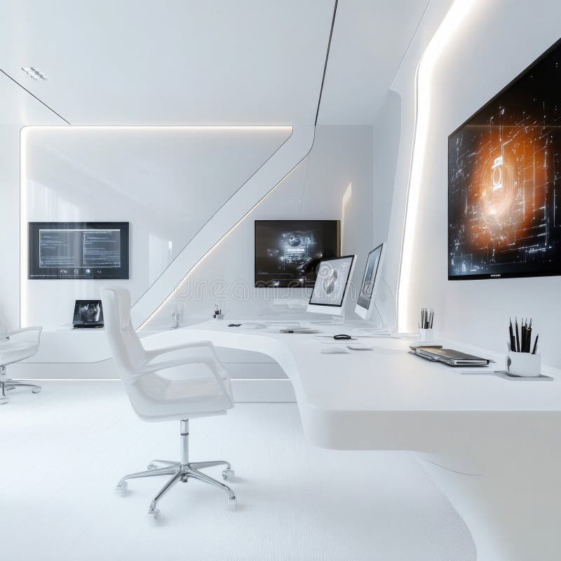 Futuristic White Office Interior with Curved Desk and Multiple Monitors ...