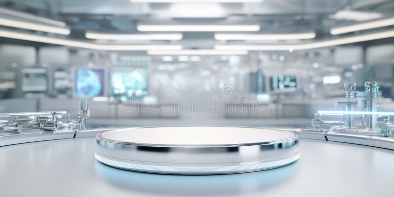 A Futuristic White Podium in a Sterile High-tech Laboratory with Bright ...