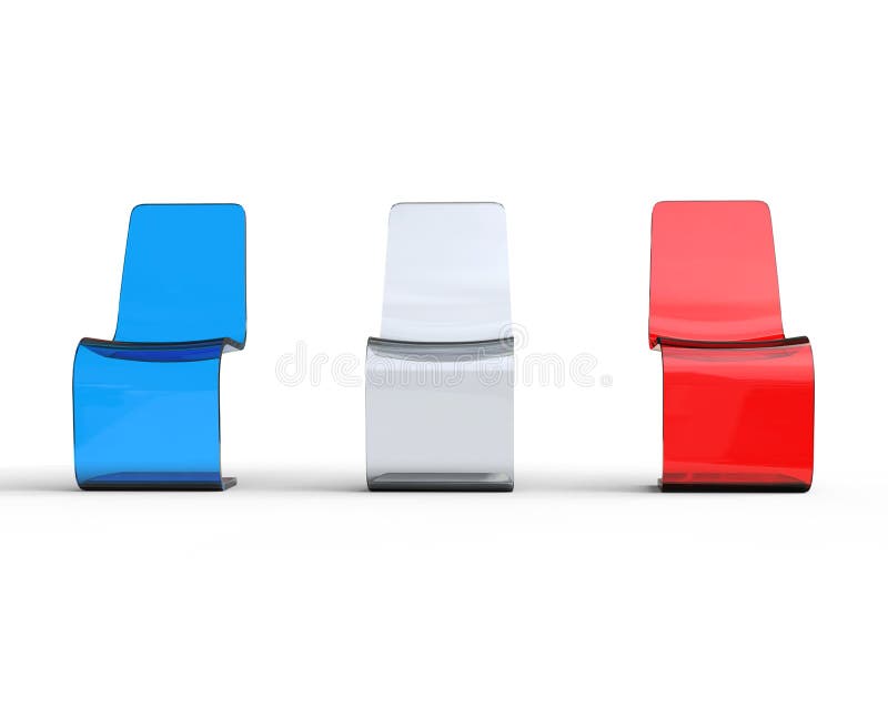 Futuristic White, Red and Blue Plastic Chairs - Front View Stock Photo ...