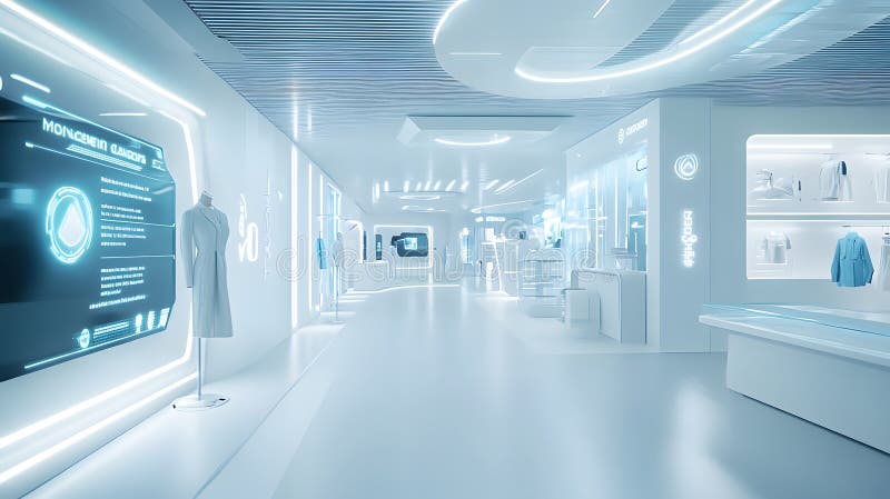 Futuristic White Retail Space with Glowing Blue Digital Displays Stock ...