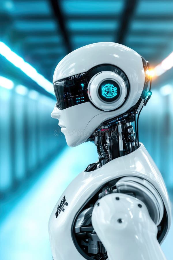 Futuristic White Robot with Ai in a Technological Hallway Stock Image ...