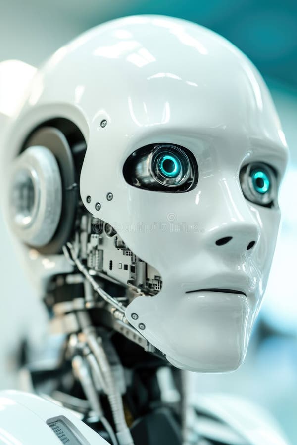 Futuristic White Robot with Blue Eyes in Close-up Stock Photo - Image ...