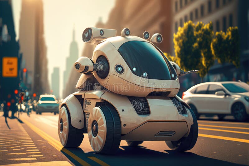 A Futuristic White Robot Car on the Road of a City of the Future ...
