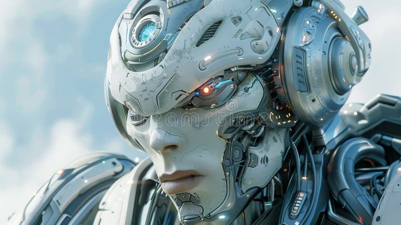 Futuristic White Robot in Digital Network with Floating Dots and Lines ...