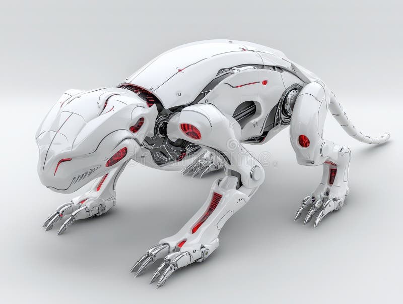 Futuristic White Robot Dog with Glowing Red Eyes and Tail, Advanced ...