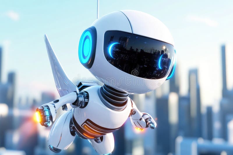 Futuristic White Robot Exploring Urban Skyline with Ai Technology in a ...