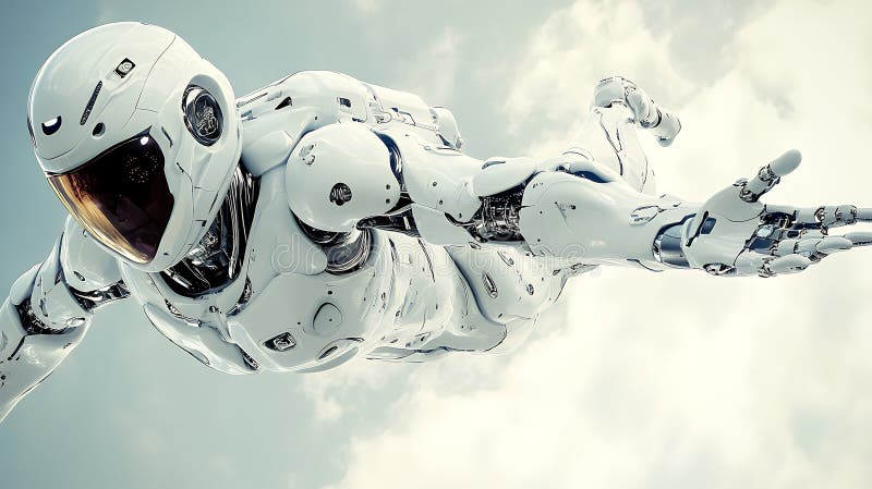 Futuristic White Robot in Flight Aerial View Advanced Technology Cloud ...