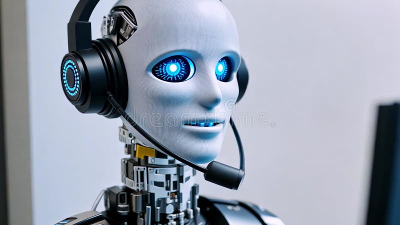 Futuristic White Robot with Headset in Office Stock Video - Video of ...