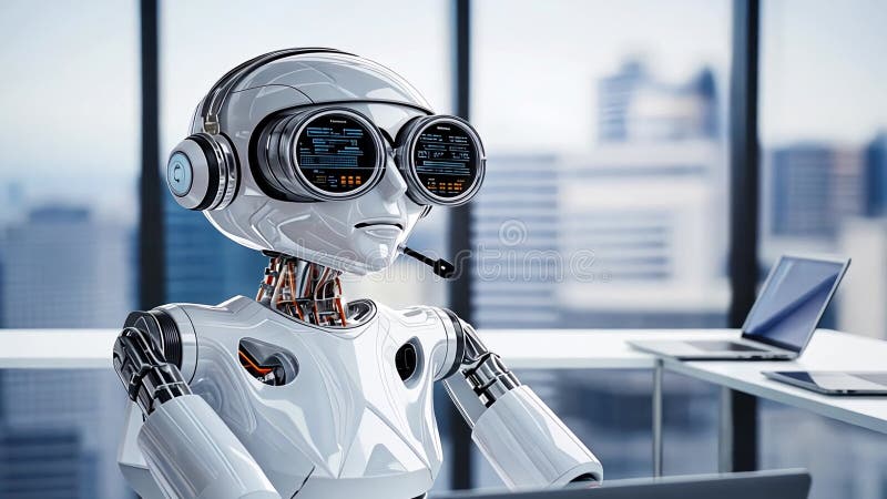 Futuristic White Robot with Headset in Office Setting Stock Footage ...