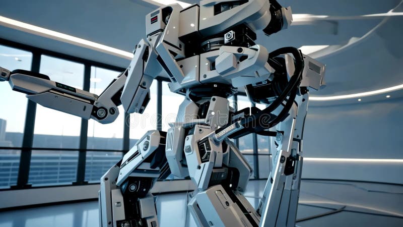 Futuristic White Robot in a Modern Minimalist Interior, Medium Shot ...