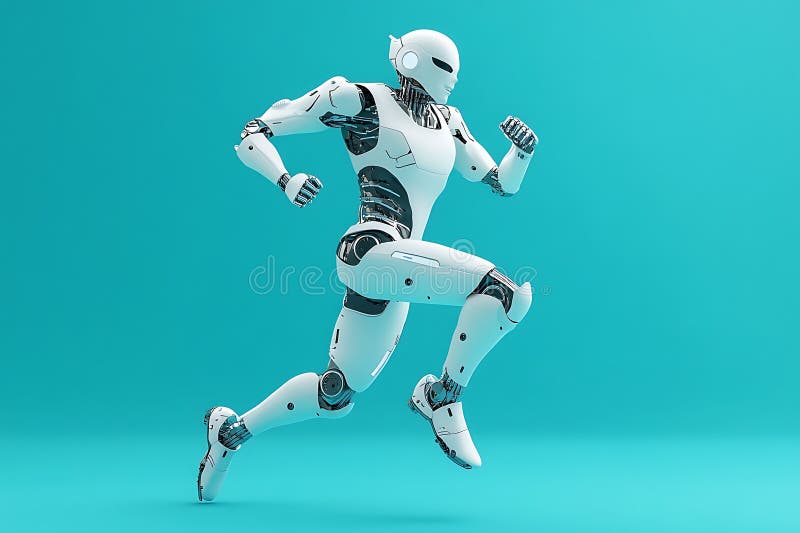 Futuristic White Robot Running, 3D Render, Teal Background, Dynamic ...
