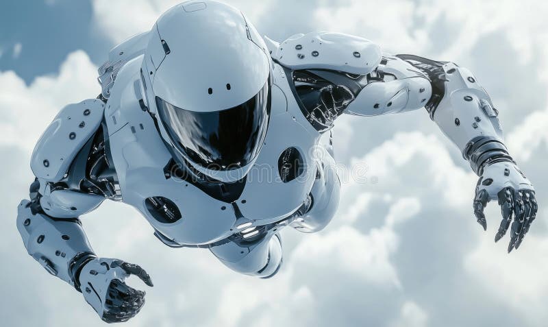 Futuristic White Robot Soaring through Clouds in Dynamic Flight Pose ...