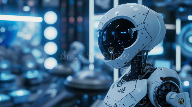Futuristic White Robot with Visor in High-tech Setting Stock Image ...