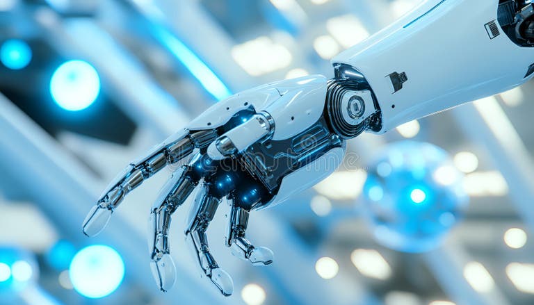 Futuristic White Robotic Arm in Advanced Technology Display. Concept of ...