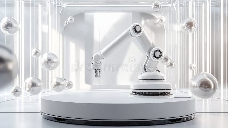 Futuristic White Robotic Arm in Modern Abstract Space with Metallic ...