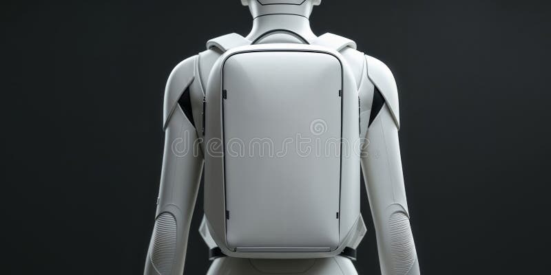 Futuristic White Robotic Figure with Backpack from Behind on Black ...