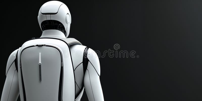 Futuristic White Robotic Figure with Backpack from Behind on Black ...