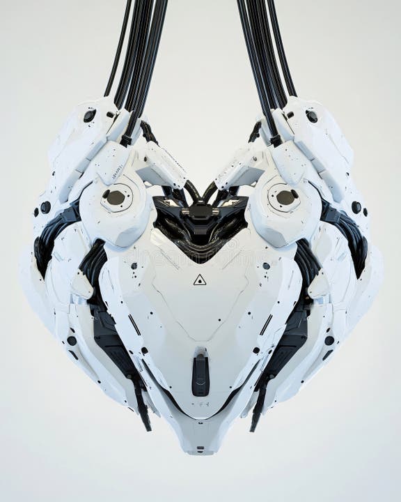 Futuristic White Robotic Heart Hanging from Black Cables, Representing ...