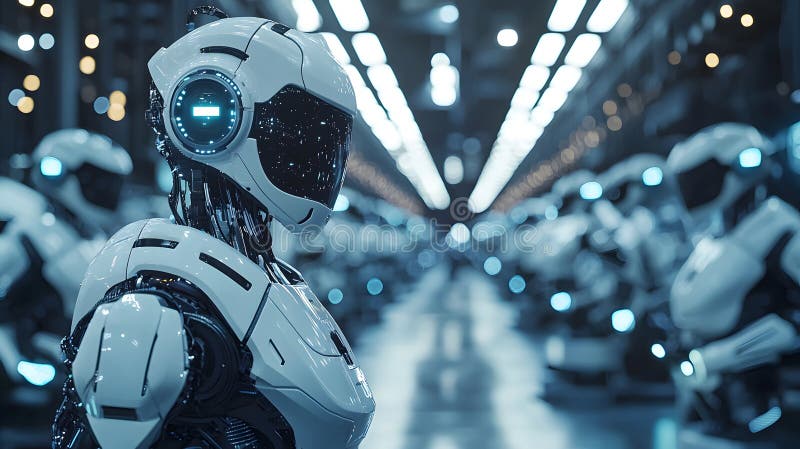 Futuristic White Robots in Modern Factory Assembly Line AI Technology ...