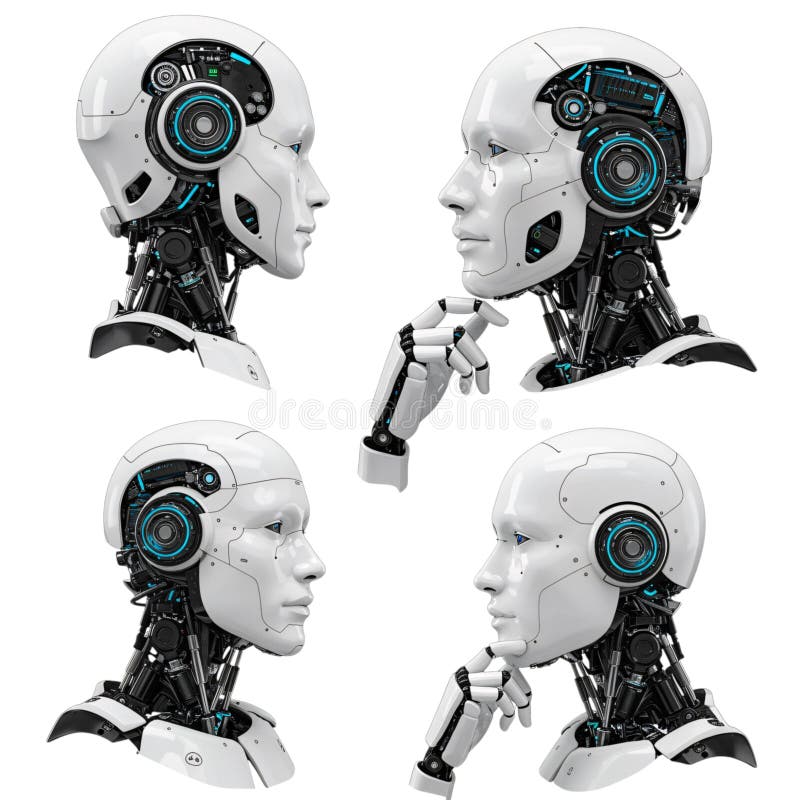 Futuristic White Robots in Profile, Thinking Poses Stock Photo ...