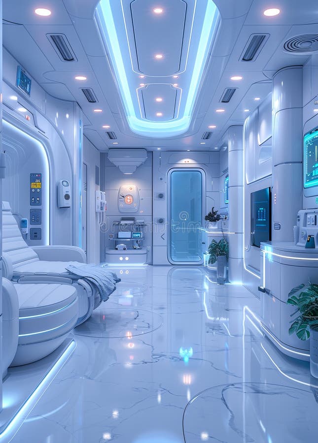A Futuristic White Room with Blue Lights and a White Couch Stock Image ...