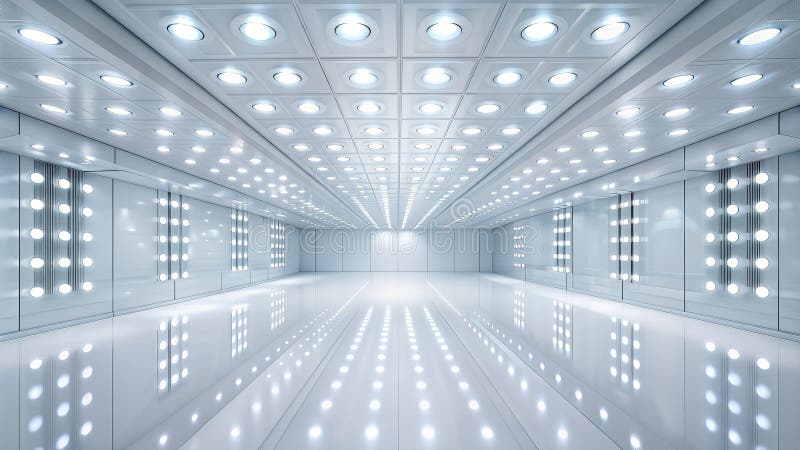 Futuristic White Room with Illuminated Ceiling and Reflective Surfaces ...