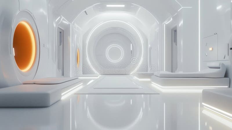 Futuristic White Room Interior with Circular Design Elements Stock ...