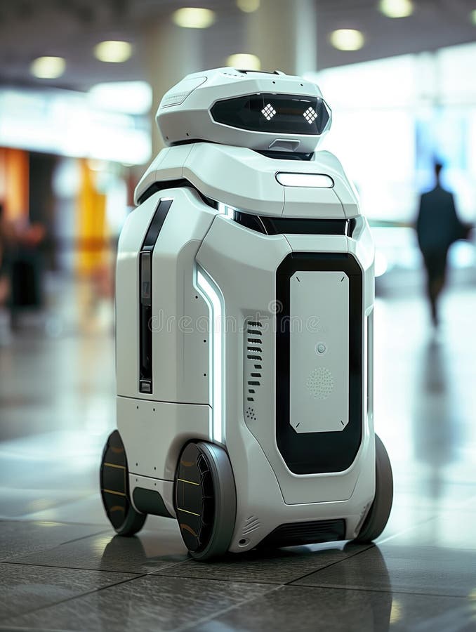 Futuristic White Security Robot Patrolling a Bright Modern Building ...