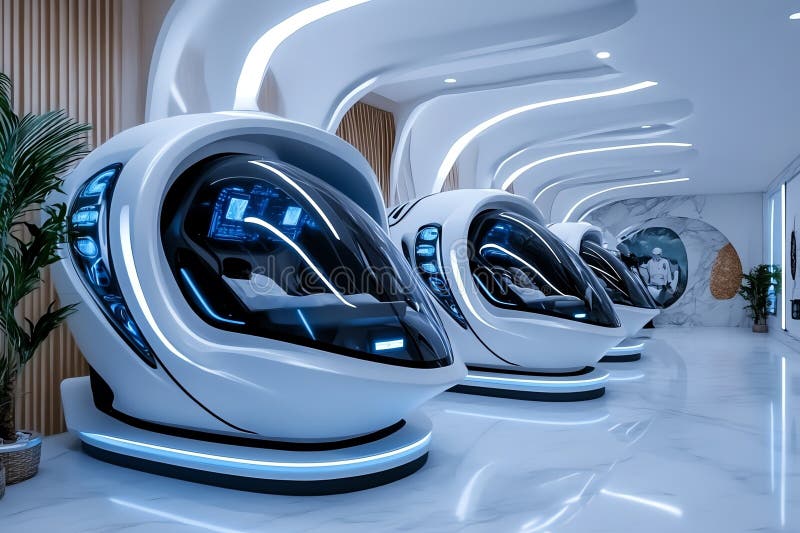 Futuristic White Sleeping Pods Lined Up in a Modern, High-tech Facility ...