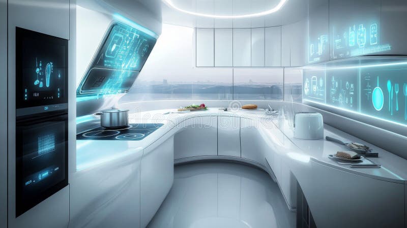 Futuristic White Smart Kitchen with Digital Interfaces and City View ...