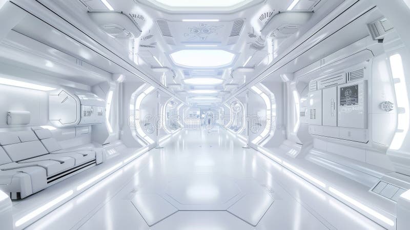 Futuristic White Space Station Interior with Medical Equipment in High ...