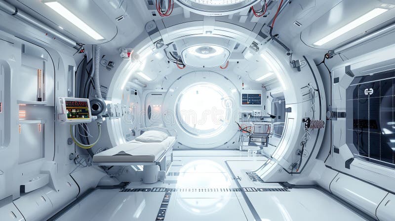 Futuristic White Space Station Interior with Medical Equipment in High ...
