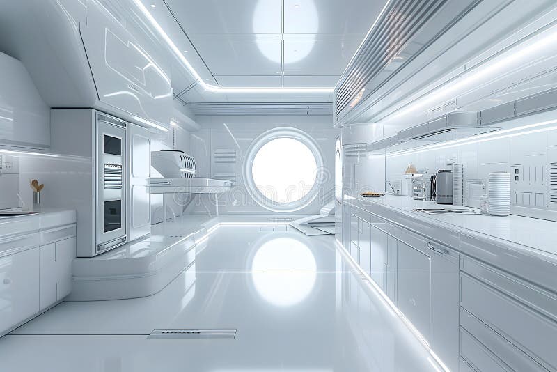 Futuristic White Space Station Style Interior of Kitchen Room Stock ...